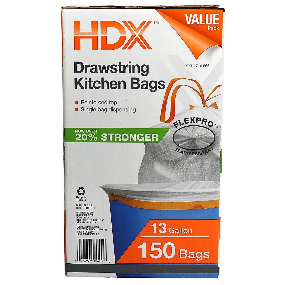 HDX 716866 13-Gallon Drawstring .9 Mil Tear Resistant Expandable Kitchen Trash Bag w/ Dispensing Container (150 Count) [Packaging May Vary]