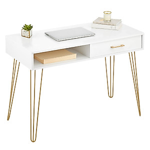 mDesign Metal/Wood Modern Computer Desk - Minimalist Desk and Computer Table with Drawer - Simple Desk with Storage Cubby and Hairpin Legs - Small Work Desk for Home Office, Study - White/Soft Brass