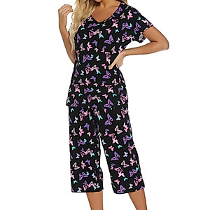 ENJOYNIGHT Women's Pajama Sets Cotton Sleepwear Tops with Capri Pants Summer Pjs (Black Flying, Medium)
