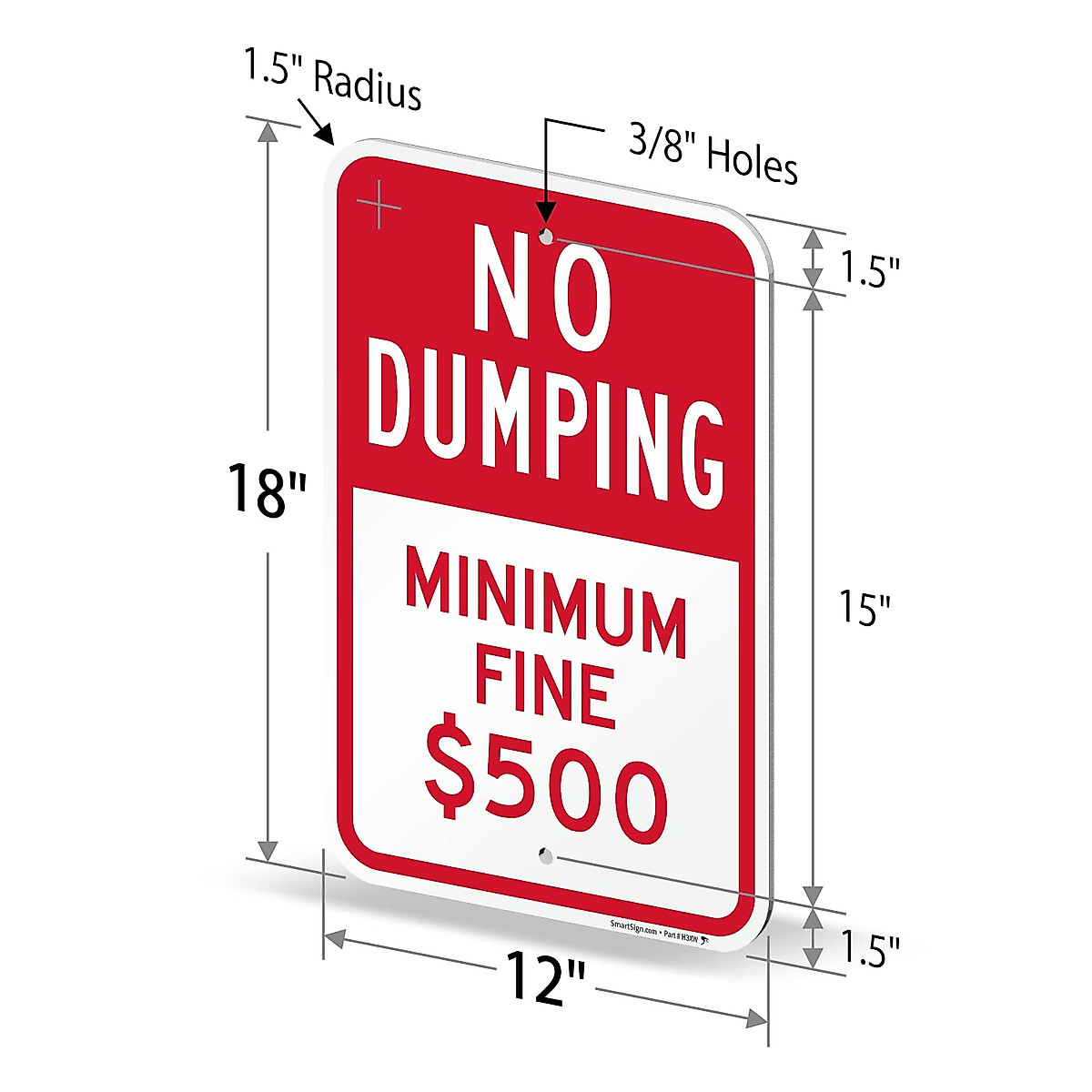 SmartSign No Dumping Minimum Fine 500 Sign - 2 Pack, 18 x 12 inch, 2mm Aluminum Composite, Pre-Drilled Holes, Red and White, Made in USA