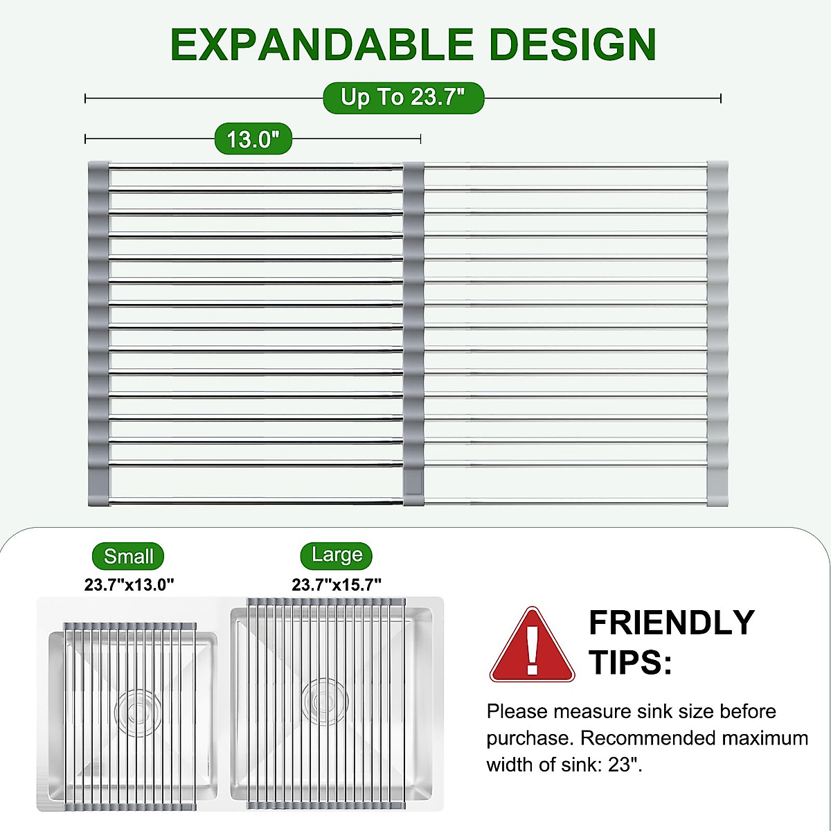 Sindax Roll Up Dish Drying Rack, 23‘’x13'' Stretchable Stainless Steel Over The Sink Dish Rack Multifunctional Foldable Over Sink Rack with Utensil Holder for Kitchen