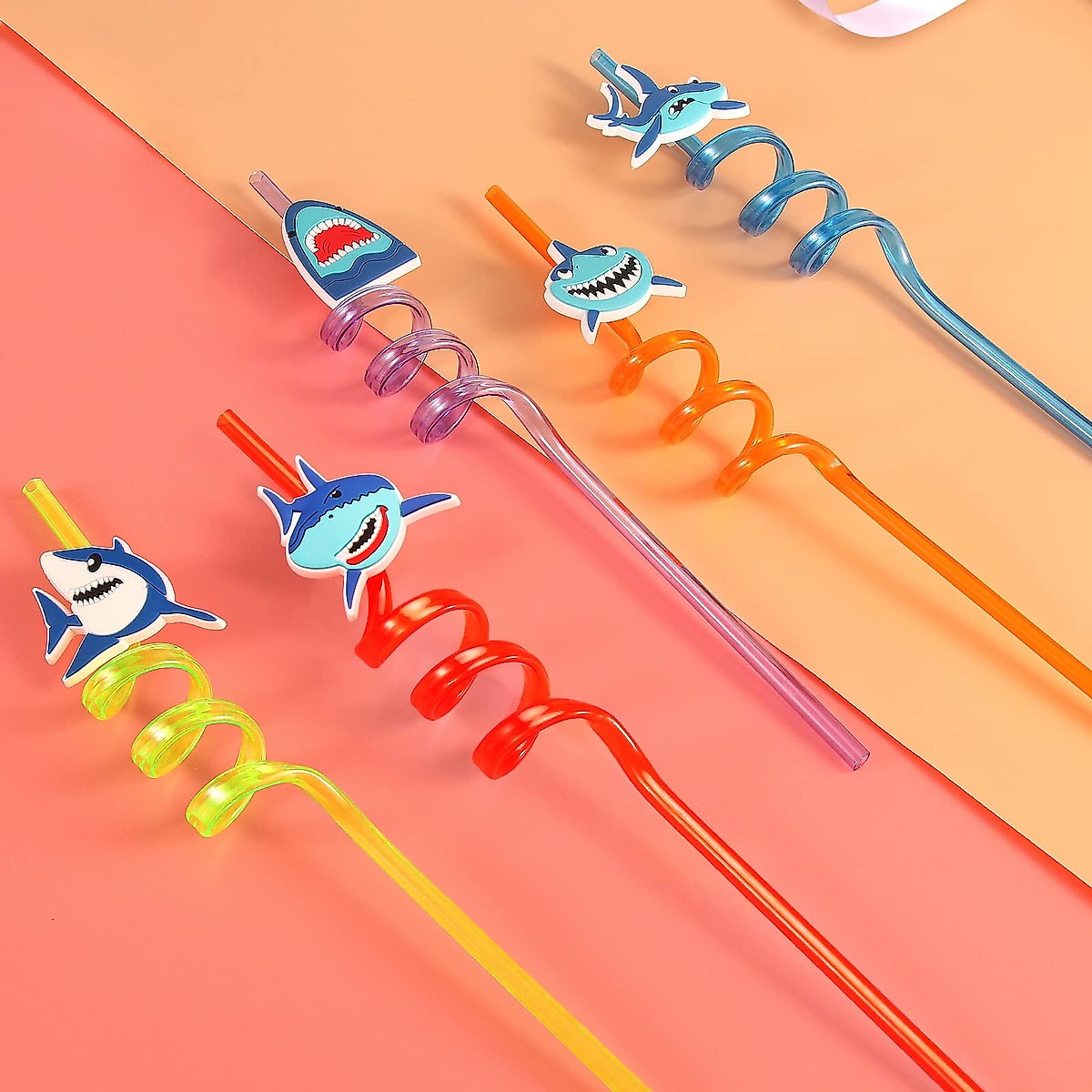 24 reusable shark straws and 2 cleaning brushes, Shark party supplies, birthday party gift decorations - set of 26