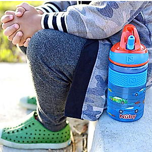Nuby Thirsty Kids Flip-it Freestyle 12 oz Water Bottle with Bite Resistant Hard Straw, Blue Cars