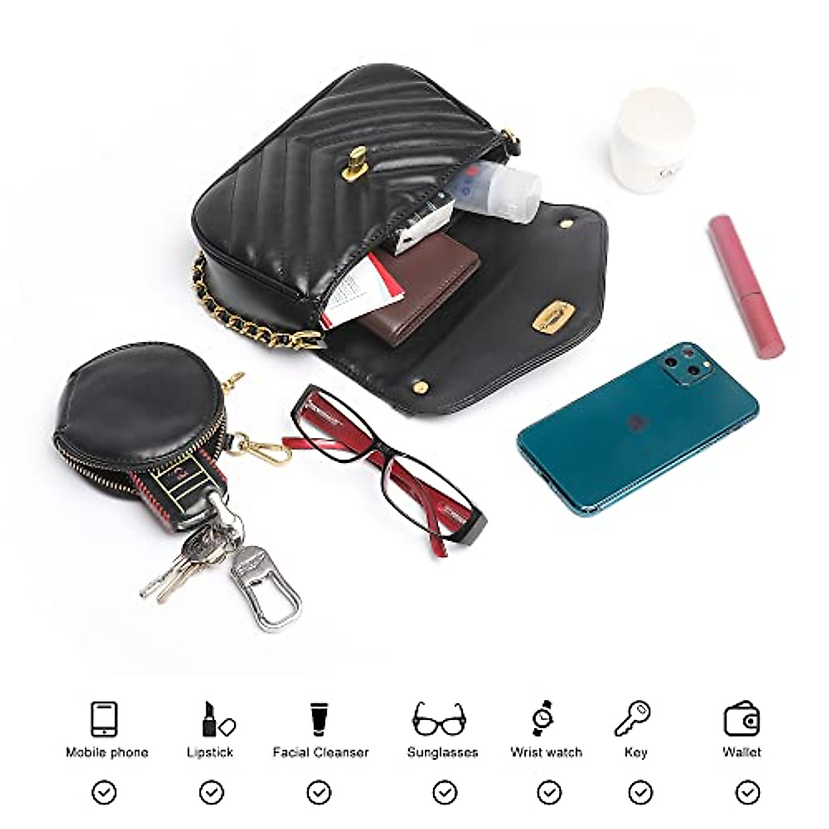 Montana West Quilted Small Crossbody Bags for Women Trendy Designer Shoulder Purses and Handbags with Coin Purse, 2PCS Set (Black)