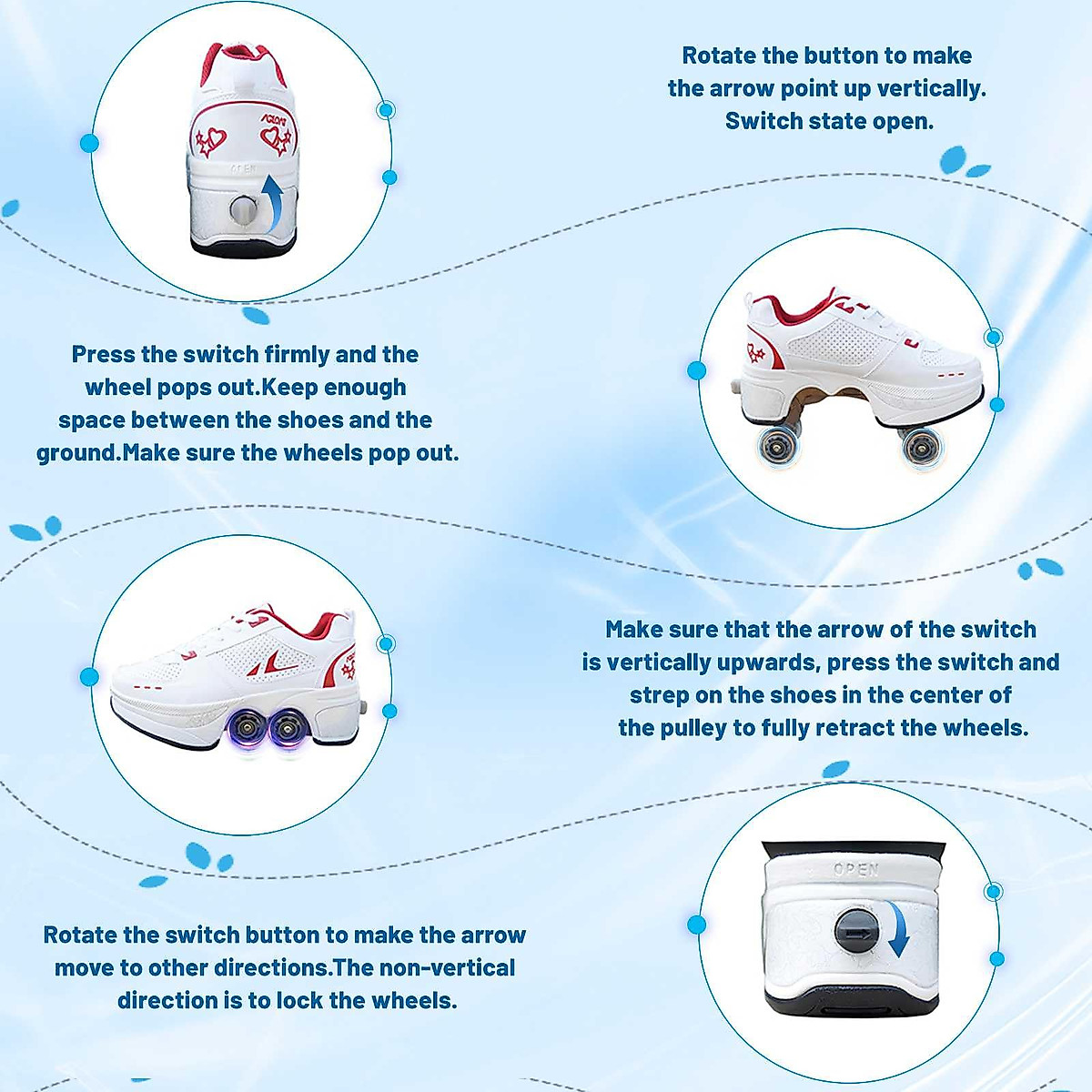 Women's Deformation Roller Skates, Multifunction Adjustable Double Row Roller Shoes for Men, Retractable Four-Wheeled Pulley Rollerskates, Outdoor Automatic Walking Sneakers