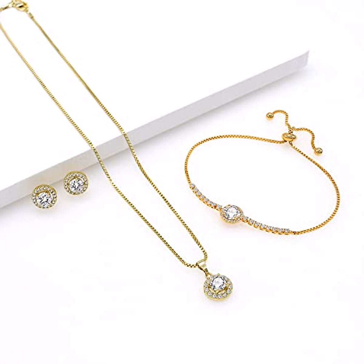 UDYLGOON Round Earrings Necklace Bracelet Jewelry Set For Women Bridal Bridesmaid Party Prom Daily (Gold)