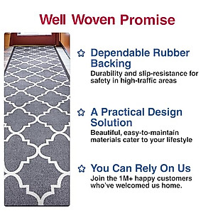 Well Woven Kings Court Brooklyn Trellis Grey - Non-Slip Rubber Backed Moroccan 2x7 Runner Rug - Hallway, Entryway & Kitchen - Kid & Pet Friendly, Easy-to-Clean, Machine-Washable, Low Looped Pile