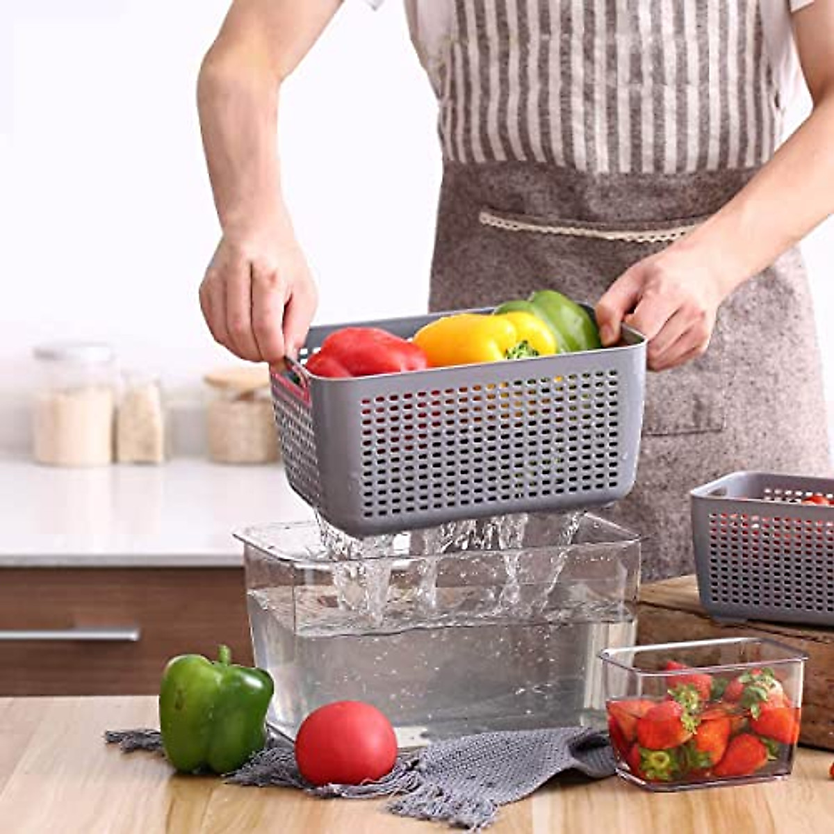 Momo's House 3 Piece Double Drain Basket Containers for Vegetable Fruit Storage Set - BPA-free Draining Crisper with Colander, Fridge Organizers, Storing Fruits Vegetables Meat Fresh Fish