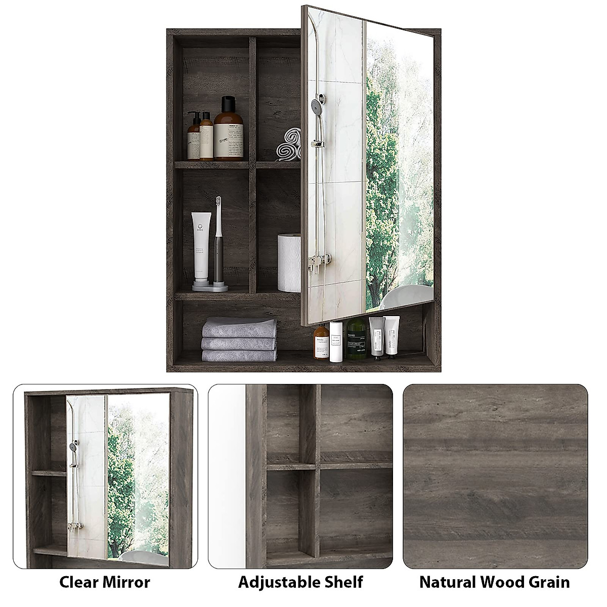 ChooChoo Bathroom Wall Mirror Cabinet, Medicine Cabinet with Single Door and Adjustable Shelf, Over The Toilet Space Saver Storage Cabinet, Grey