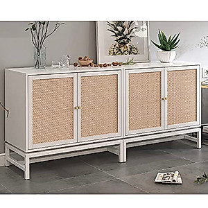 Lamerge Sideboard Buffet Cabinet, Rattan Kitchen Storage Cabinet with 2 Doors,Cupboard Console Table with Adjustable Shelves,Accent Cabinet for Dining Room, Bedroom, Hallway,White