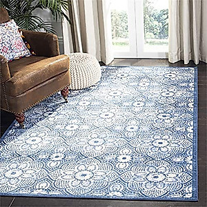 SAFAVIEH Brentwood Collection 8' x 10' Navy / Cream BNT862N Floral Distressed Non-Shedding Living Room Bedroom Dining Home Office Area Rug