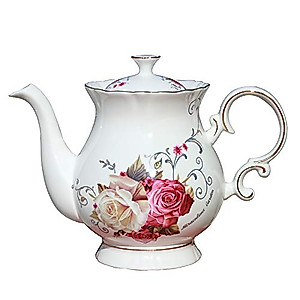 Jomop European Style Ceramic Flower Teapot Coffee Pot Water Pot Porcelain Gift Large 5.5 Cups (1, Rose)