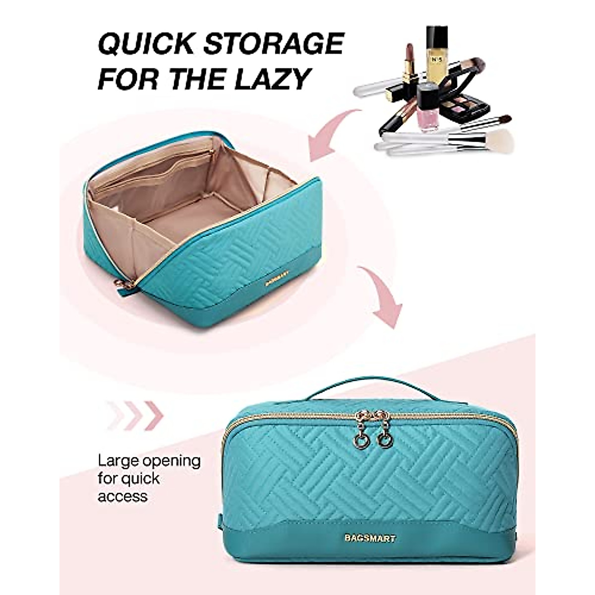 BAGSMART Makeup Bag Cosmetic Bag, Travel Makeup Bag,Water-resistent Makeup Bags for Women Portable Pouch Open Flat Make Up Organizer Bag for Toiletries, Brushes, Teal