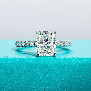 AnuClub Moissanite Engagement Ring 3.3cttw D Color Lab Created Diamond Radiant Cut 18K White Gold Plated Sterling Silver Eternity Wedding Promise Anniversary Band Ring, Christmas Gift for Women 7