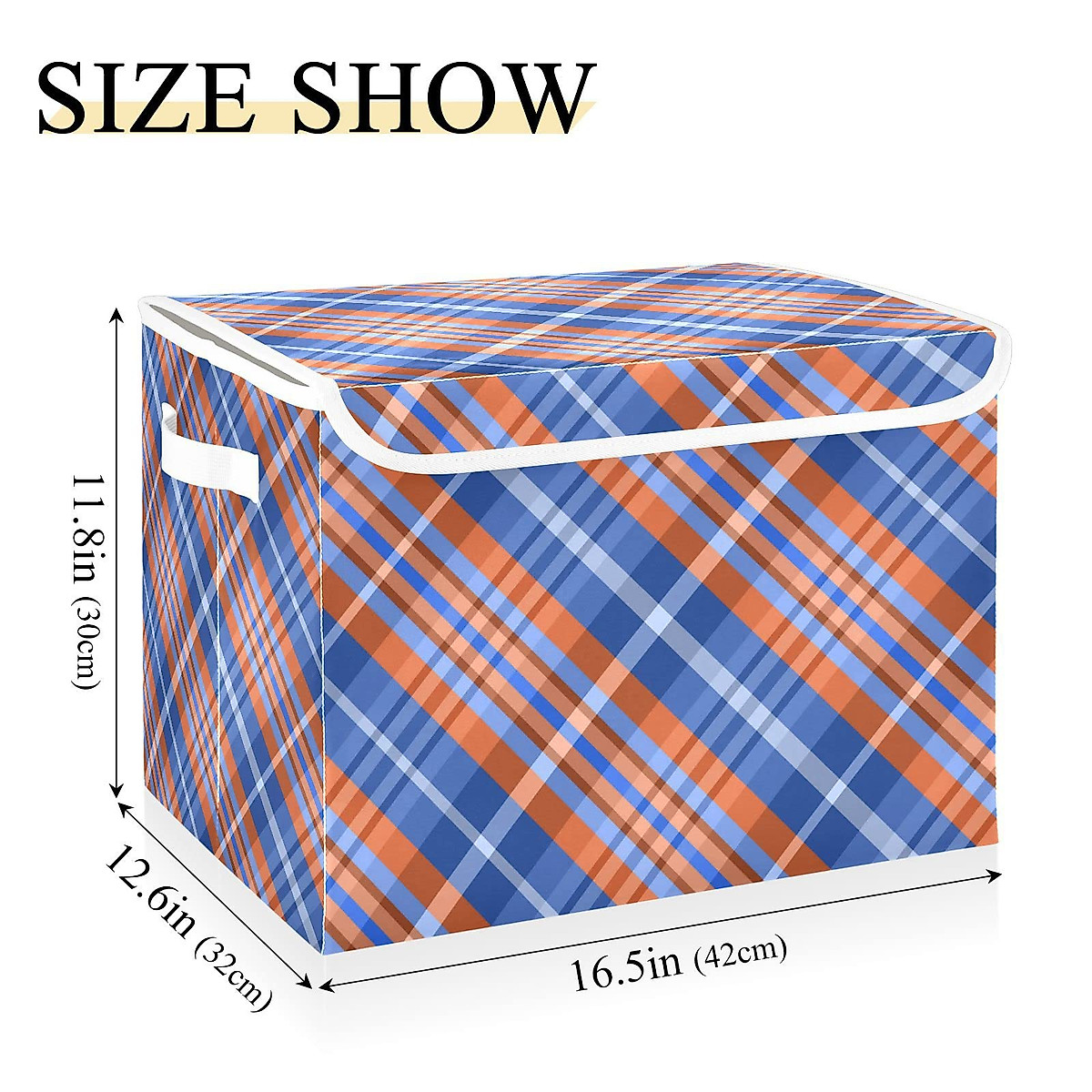Kigai Orange Blue Plaid Storage Basket with Lid Collapsible Storage Bin Fabric Box Closet Organizer for Home Bedroom Office 1 Pack
