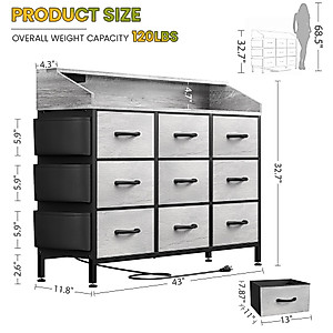 Lulive Dresser for Bedroom with 9 Drawers - Chest of Drawers for Bedroom with LED Light & Charging Station - Kids Adults Chest of Drawers for Living Room Hallway Closet Nursery (Grey)