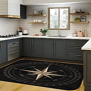 Compass Rose Area Rug, 5'x7', Artwork Black Washable Indoor Outdoor Rug Carpet Door Mats for Front Porch, Patio, Kitchen, Farmhouse, Entryway, Living Dining Room