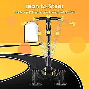 TONBUX Kids Scooter for Age 3-12, Toddler Scooter with 4 Adjustable Heights, Light Up 3-Wheels Scooter, Shock Absorption Design, Lean to Steer, Balance Training Scooter for Kids - Yellow