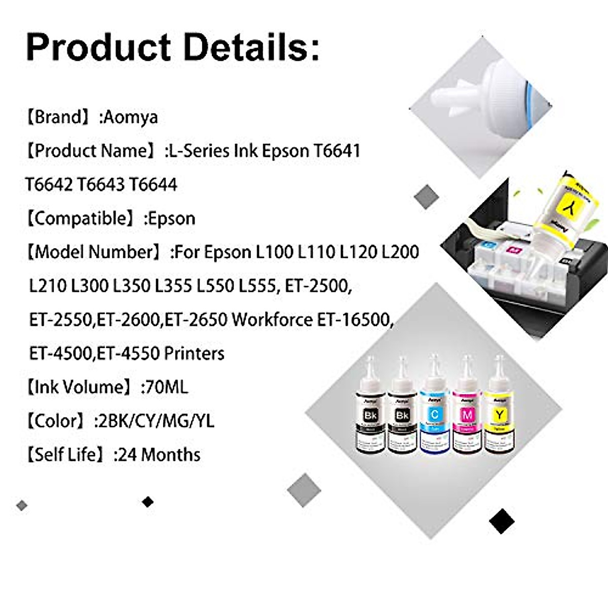 Aomya Compatible Epn T664 Ink Refill Bottle kit for Expression ET-2650, ET-2500, ET-2550, ET-2600 & Workforce ET-16500, ET-4500, ET-4550 L100 L110 L120 L200 L210 L300 L350 L355 L550 L555 Printers