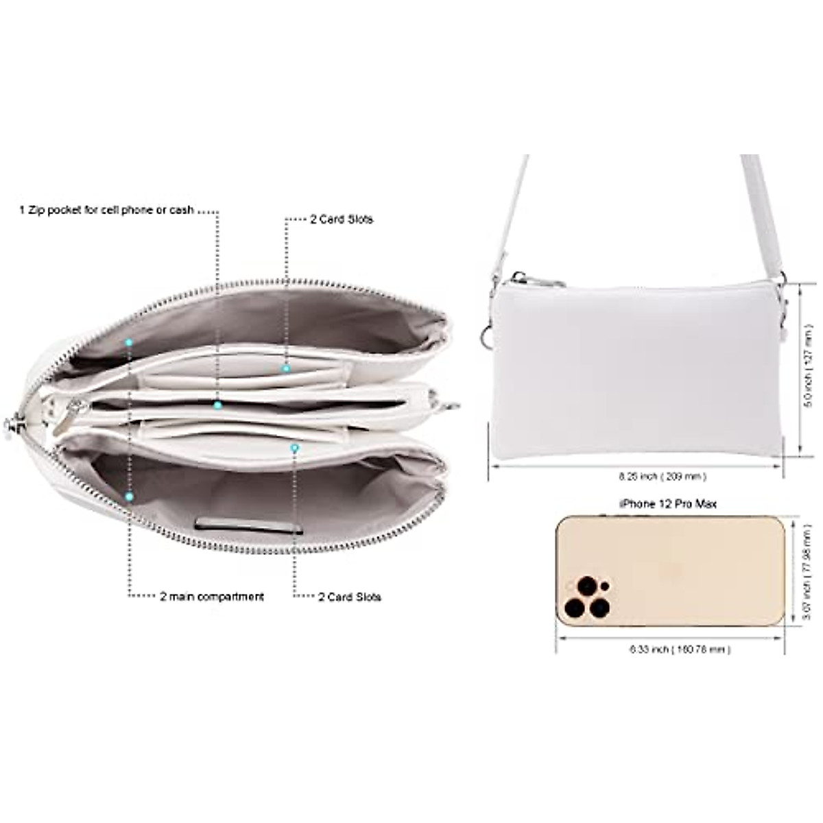 B BRENTANO Vegan Leather Multi-Pocket Interchangeable Crossbody Purse to Clutch with Card Slots, Removable Wristlet Strap and Adjustable Shoulder Strap (White Silver)