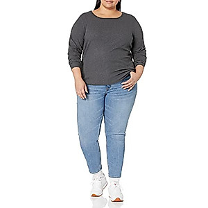 Amazon Essentials Women's Slim-Fit Layering Long Sleeve Knit Rib Crew Neck (Available in Plus Size), Pack of 2, Black/Charcoal Heather, Large
