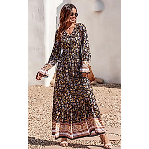 PRETTYGARDEN Maxi Long Sleeve Dress - V Neck Floral Casual Chiffon Spring Fall Long Dresses for Women (Black Yellow,Large)