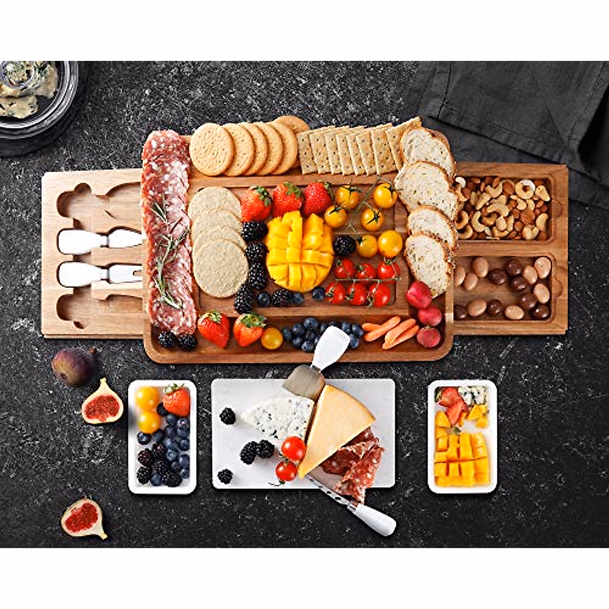 hecef Cheese Board Set Acacia Wood - Large Charcuterie Board with Stainless Steel Knife Set, Thick Wooden Server - Fancy House Warming Gift, Birthday Present & Perfect Choice for Gourmets