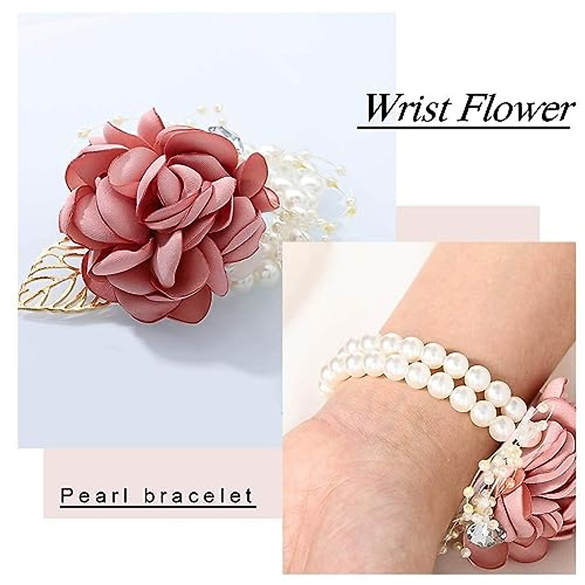 Fstrend Wedding Bridal Corsage Bridesmaid Pearl Leaf Wrist Flower Party Prom Hand Flower Crystal Bride Wedding Accessories for Women and Girls (Pink)