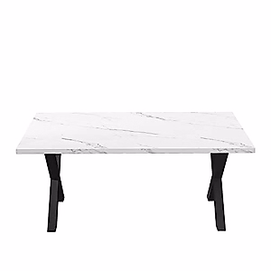 70.87" Faux Marble Dining Table, Modern Rectangular Dining Table with Printed Marble Table Top and X-Shape Stainless Steel Table Leg/Metal Base for Kitchen & Dining Room（White Top+ Black Legs）