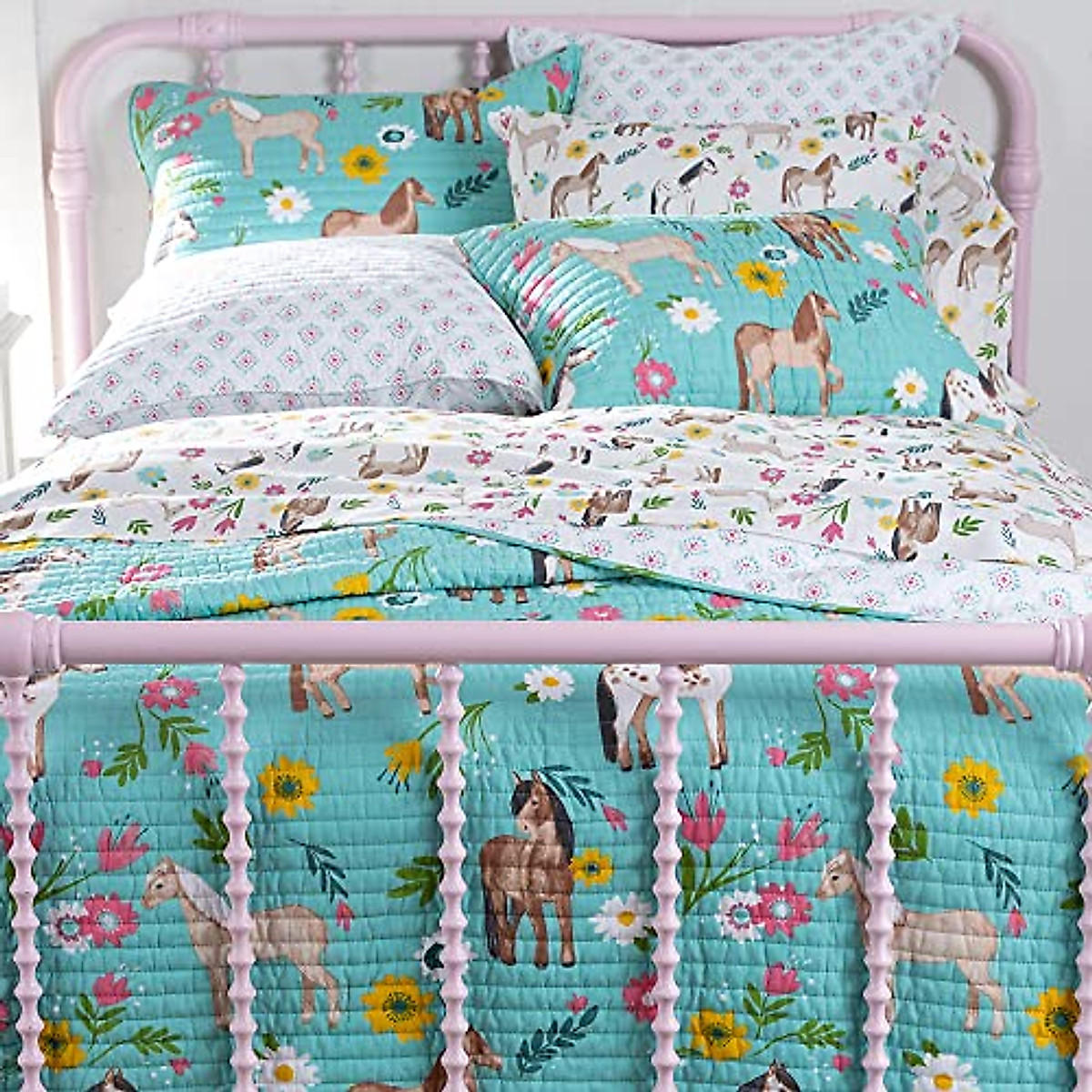 Rod's True Western Horse Girls (Quilt) - Pony Daisy Flower Quilt- Turquoise Pink Yellow Brown Tan Green White - Twin Quilt - Quilt Size (66x86in) - Cotton