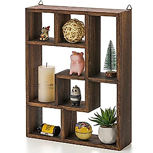 WUWEOT Wood Shadow Box, 15" x 12" Cubes Display Shelf, Freestanding & Wall Mountable Floating Shelves, 7-Compartment Knickknack Display Organizer