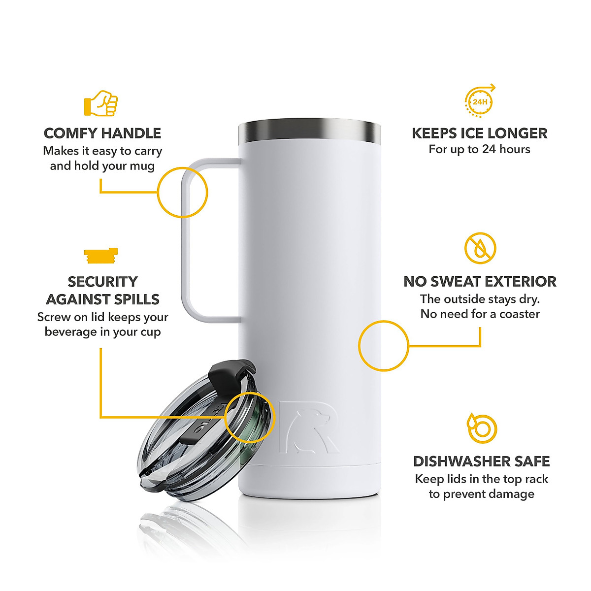 RTIC 20 oz Coffee Travel Mug with Lid and Handle, Stainless Steel Vacuum-Insulated Mugs, Leak, Spill Proof, Hot Beverage and Cold, Portable Thermal Tumbler Cup for Car, Camping, White