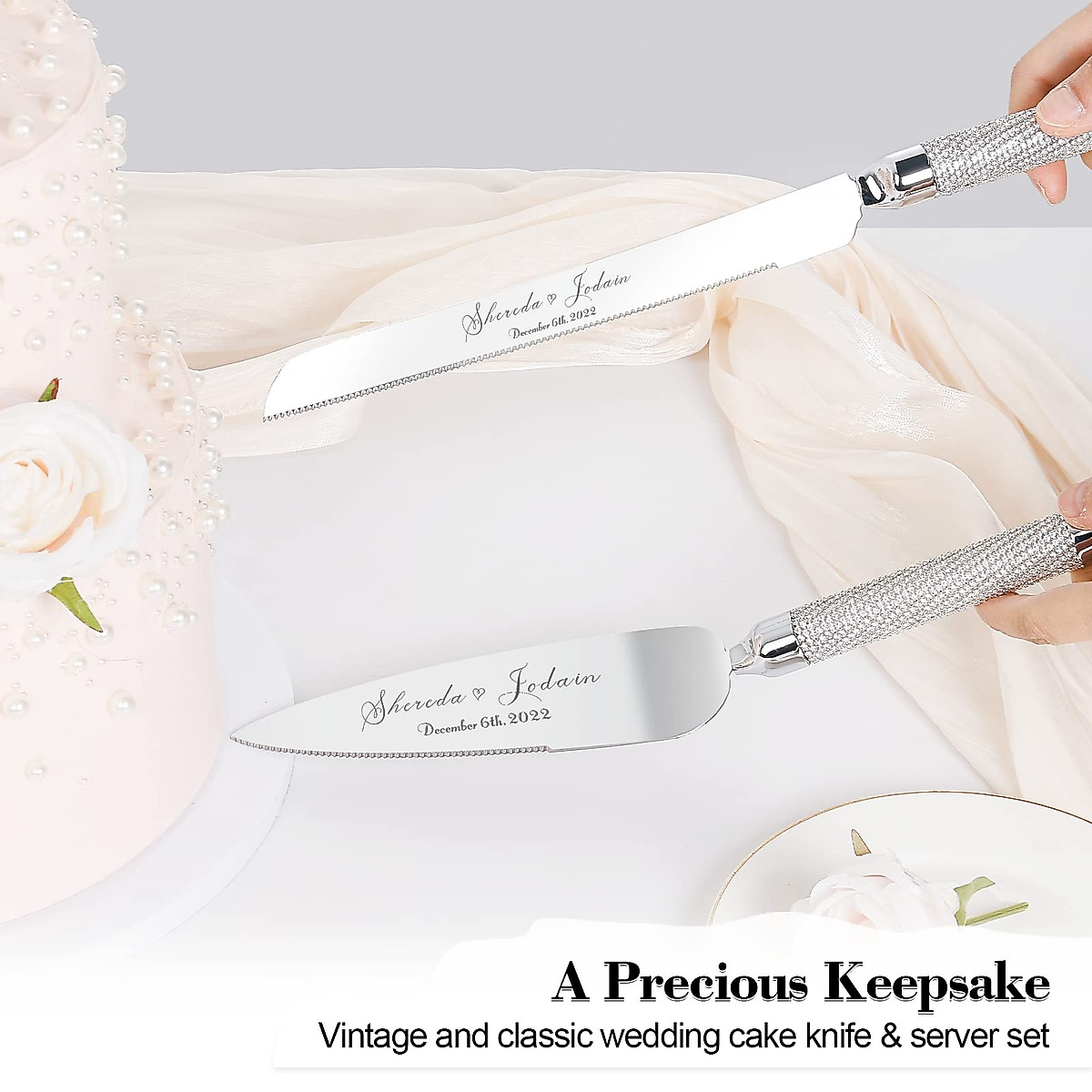 Wedding Cake Knife and Server Set, Personalized Cake Cutting Set, Engraved Elegant Cake Cutters With Sparkling Diamonds, Custom Pie Spatula and Cake Knife, Birthday Bridal Quinceañera Gift (Silver 3)