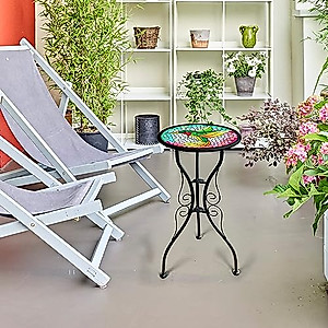 LIFFY Outdoor Mosaic Side Table Hummingbird Garden End Table Small Patio Round Printed Glass Table for Yard or Lawn