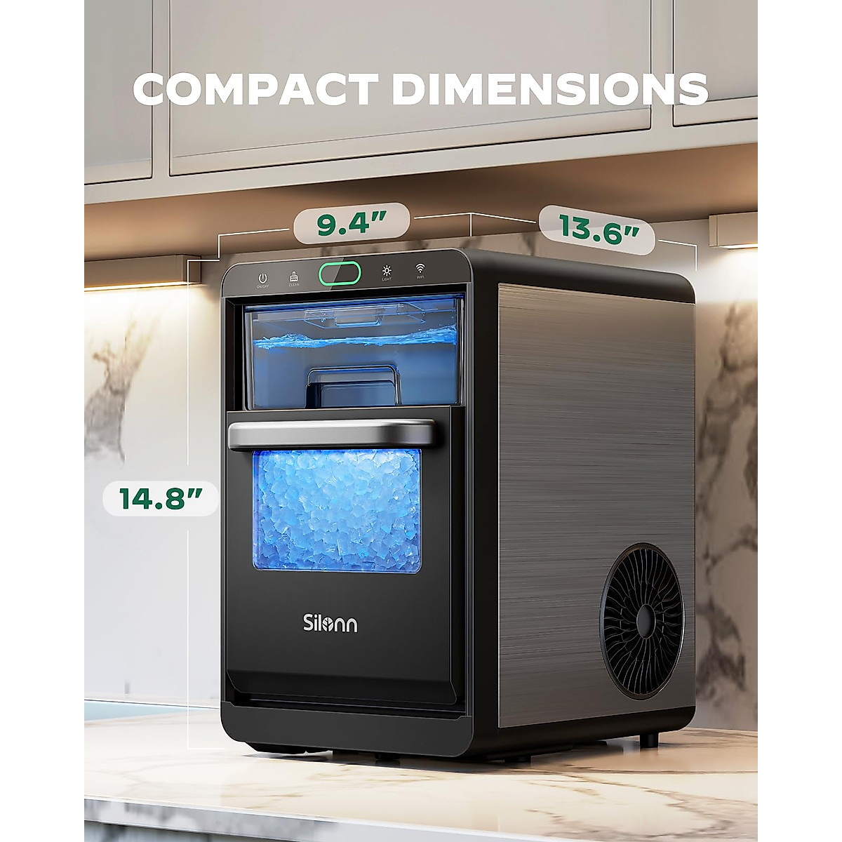 Nugget Ice Maker Countertop - Silonn Smart Pebble Ice Machine, Pellet Ice 44 lbs per Day, Crushed Ice from Timer Function and Status Alerts with Silonn App, Stainless Steel