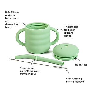 Cute 2-1 Silicone Straw Sippy Cup with Stopper - 5.4 OZ Spill-proof Sippy Cups for Baby 6+ Months w/ Dbl Handles, Grooved Body & Angled Straw for Fun & Safe Drinking - Includes Cleaning Brush - Green