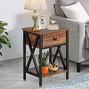 VECELO Nightstands Set of 2, Modern Bedside End Tables, Night Stands with Drawer and Storage Shelf for Living Room Bedroom, Industrial Metal Frame, Brown
