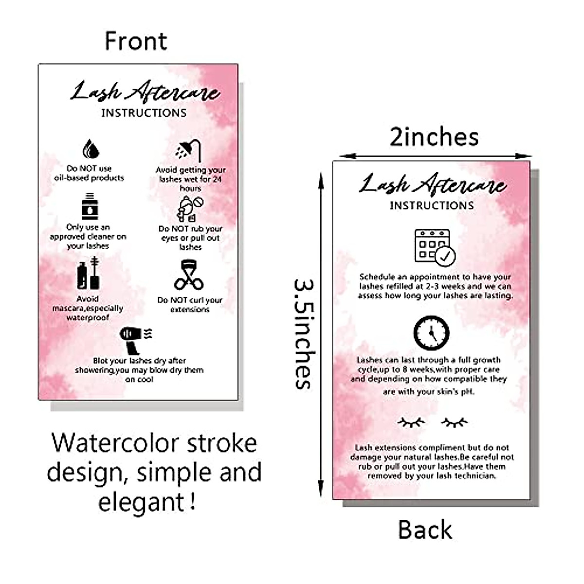 Wanyeer Lash Extension care Instructions Cards, Double Sided Size 3.5 x 2'' inch Business Card Size, After Care Card, Lash Care Card, White with Pink Watercolor Design 50 Pack, White,Pink