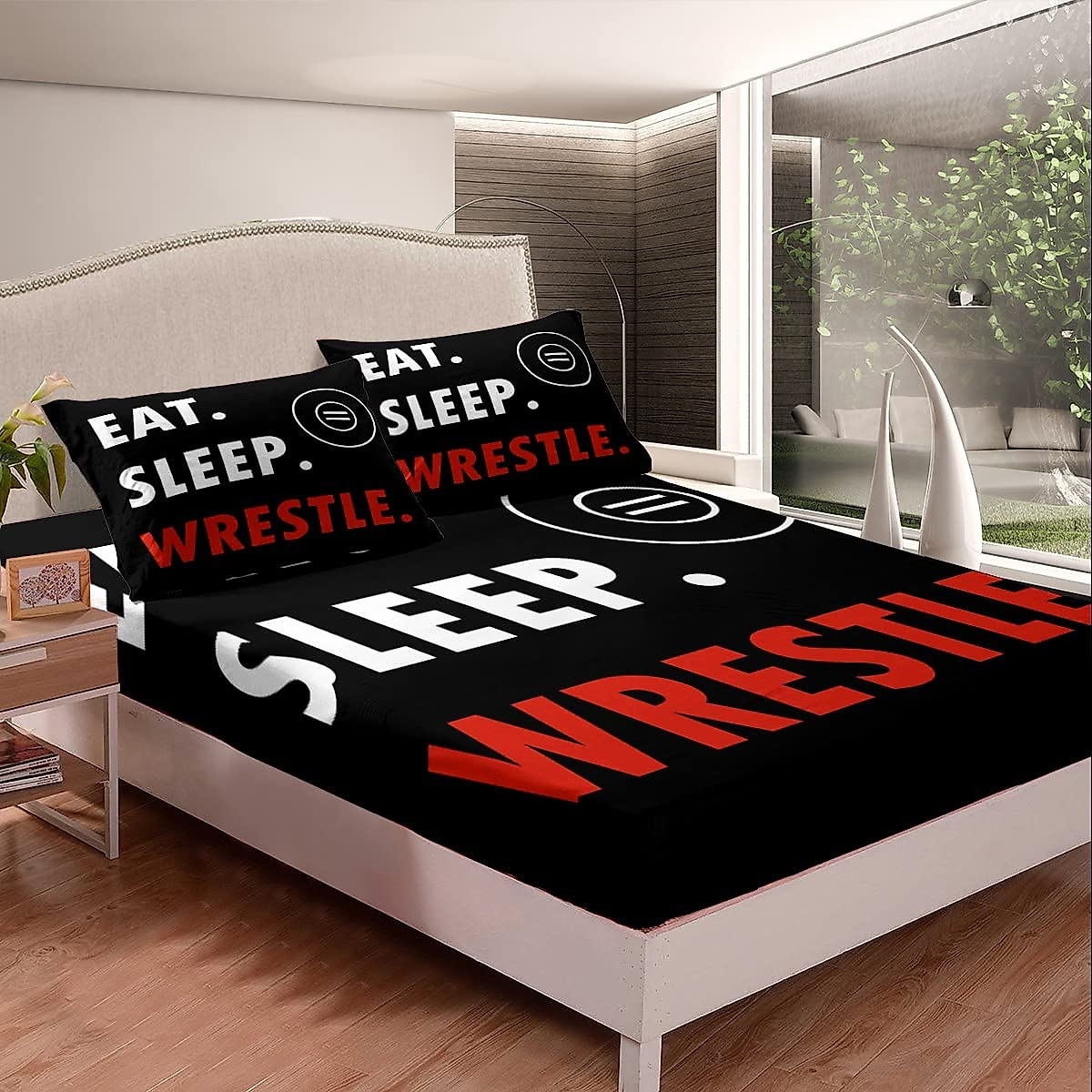 Wrestling Sports Bedding Set Twin Size,Eat Sleep Wrestle Themed Fitted Sheet for Kids Boys Bedroom,Wrestle Rodeo Black Red Microfiber Soft Bed Cover,1 Pillow Case