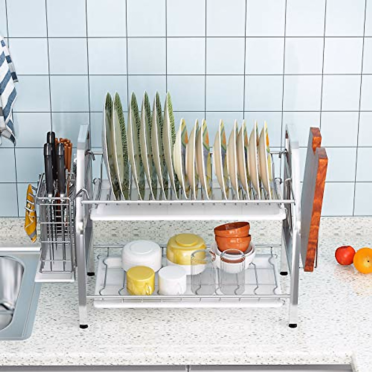 1Easylife Dish Drying Rack, 2 Tier Dish Rack Stainless Steel with Utensil Knife Holder and Cutting Board Holder Dish Drainer with Removable Drain Board for Kitchen Counter Organizer Storage (Silver)