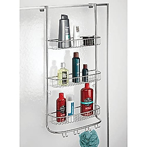 mDesign Metal Shower Door Hanger Caddy Basket, Bathroom Wall Hanging Organizer Shelf, Built-In Hook, 3 Tier Shelves for Shower Stalls, Holds Shampoo and Body Wash, Extra Large, Omni Collection, Chrome