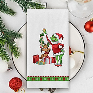 Seliem Merry Christmas Decorative Kitchen Dish Towel, Funny Red Green Xmas Tree Dog Bath Fingertip Towel Tea Bar Hand Drying Cloth, Winter Holiday Puppy Farmhouse Decor Home Decorations 18 x 26 Inch