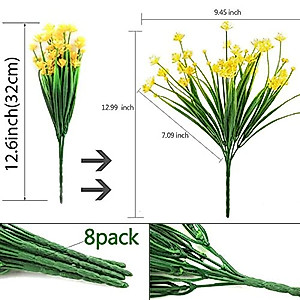 Lesix 8Pcs Artificial Flowers Outdoor UV Resistant Plants, Faux Plastic Greenery Shrubs Plants Indoor Outside Hanging Planter Kitchen Home Wedding Office Garden Decor Yellow
