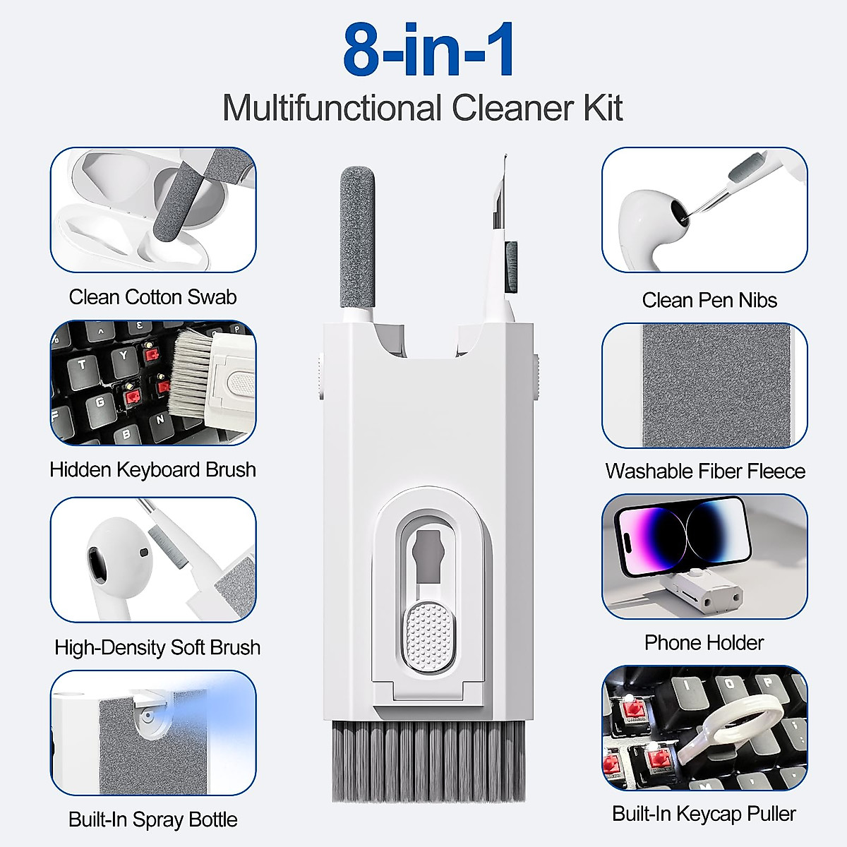 8-in-1 Airpod Cleaner Kit & 2 Extra Cleaning Cloths, Airpods Cleaning Kit, Phone Cleaning Kit, Screen Cleaner, Laptop Cleaning, Keyboard Cleaner, Device Cleaning Kit for Earbuds/MacBook/Earphone