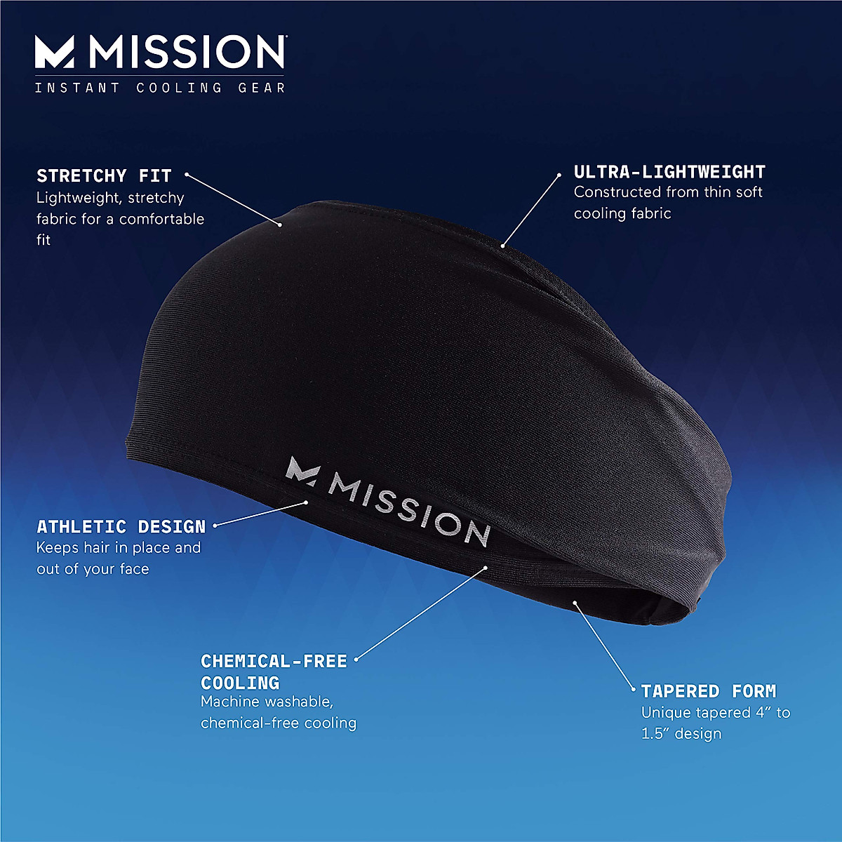 Mission Cooling Tapered Headband, Black - Lightweight & Breathable - Cools Up to 2 Hours - UPF 50 Sun Protection - Machine Washable