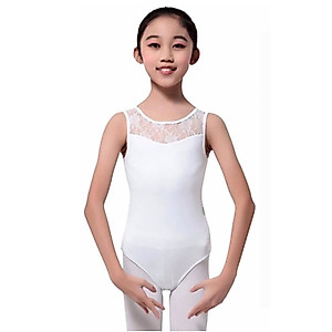 Aslana Lace Tank Leotard, Short & Long Sleeve Leotard for Girls kids Ballet Dance Gymnastics Costume (Medium, White)