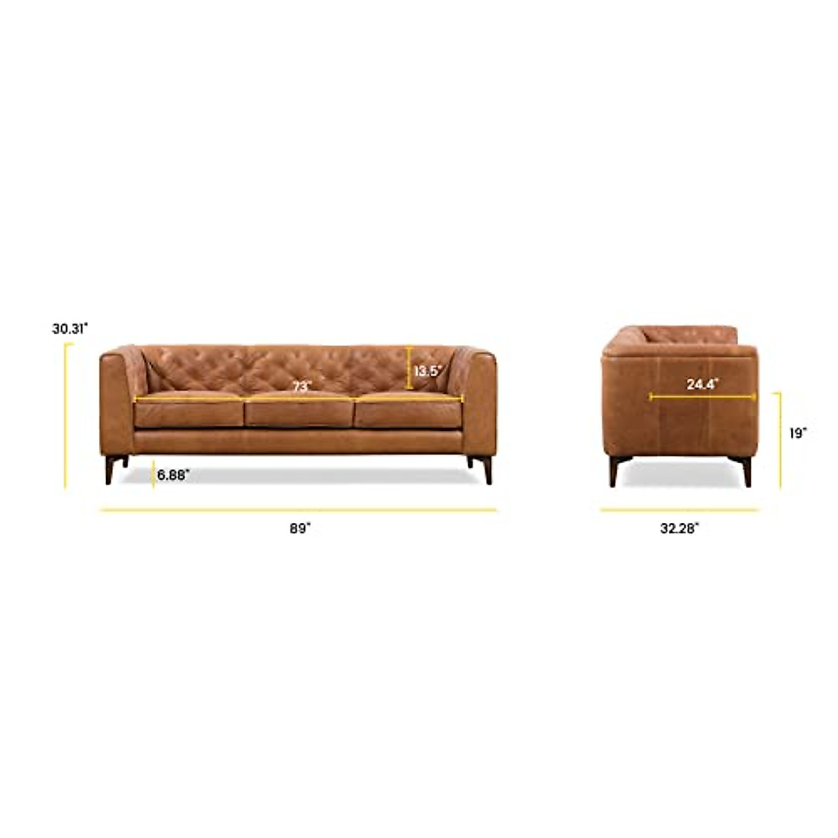 POLY & BARK Essex Leather Couch – 89-Inch Leather Sofa with Tufted Back - Full Grain Leather Couch with Feather-Down Topper On Seating Surfaces – Vintage Pure-Aniline Italian Leather – Cognac Tan