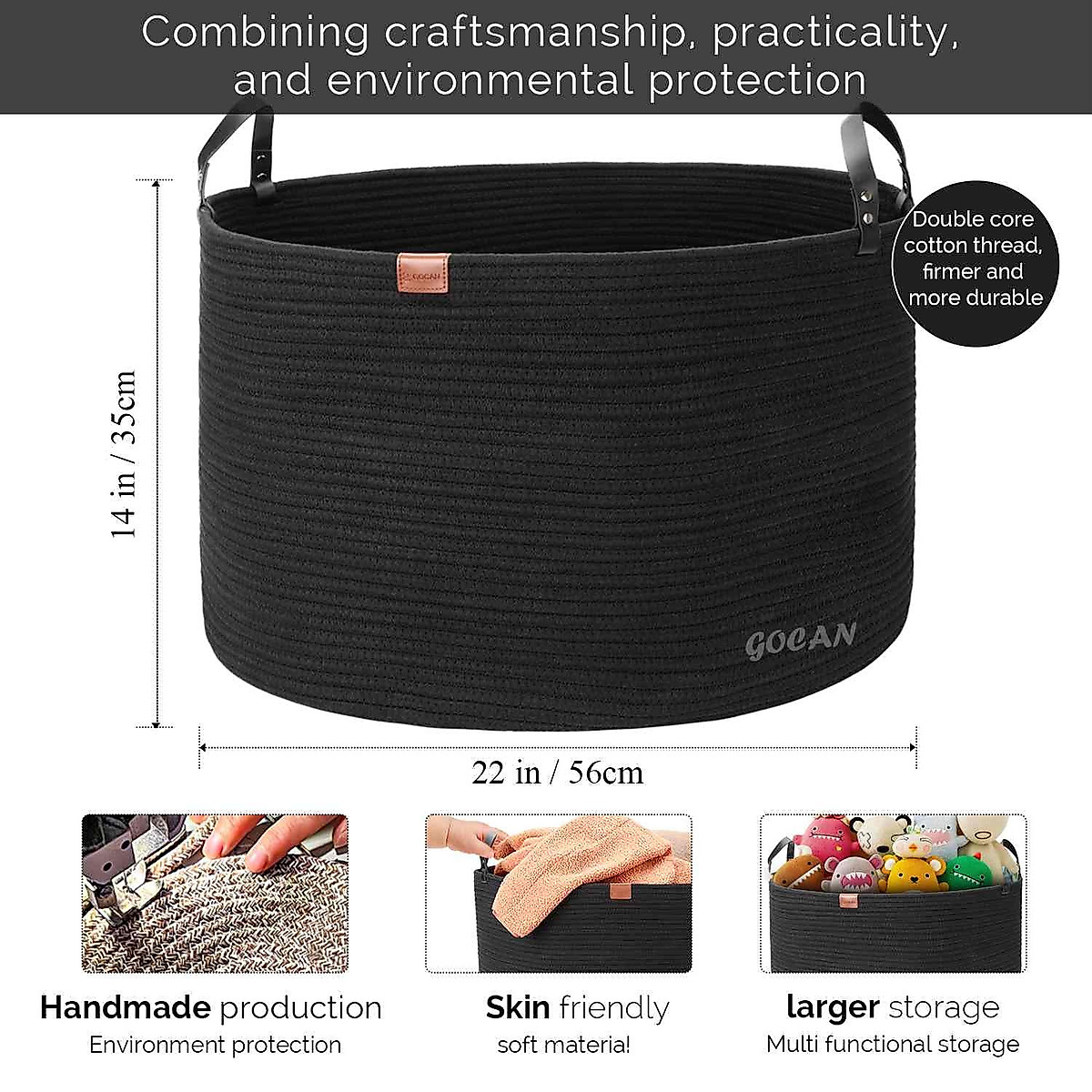 GOCAN Extra Large Storage Laundry Basket 22" X 22"X 14" Cotton Rope Woven Basket for Blanket Basket with Handles for Living Room Toys Storage XXXL (Pure Blk)