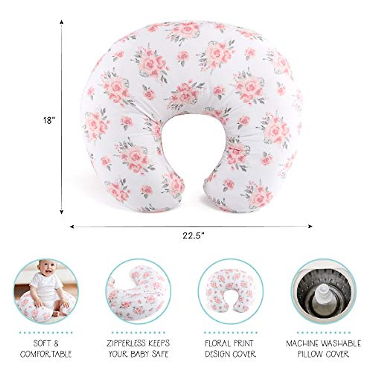 The Peanutshell Pink Floral Nursing Pillow for Breastfeeding | Pillow & Nursing Pillow Cover for Baby Girls