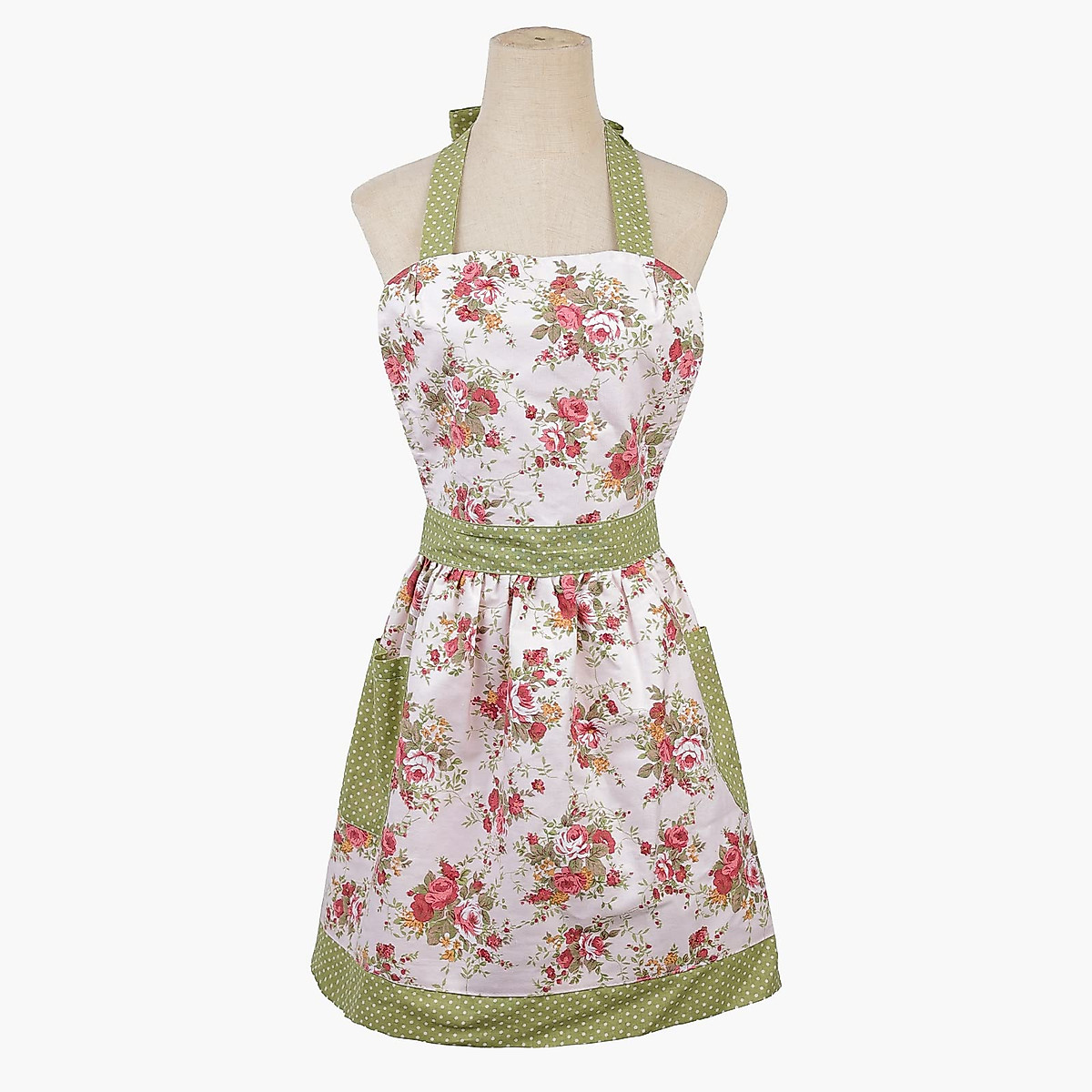 Surblue Kitchen Aprons for Women with 2 Pockets, Organic Cotton, Extra-Long Tie, Heavy Duty Bib Aprons for Cooking, Baking, BBQ, Gardening, Style Diana, Floral Green, Adult